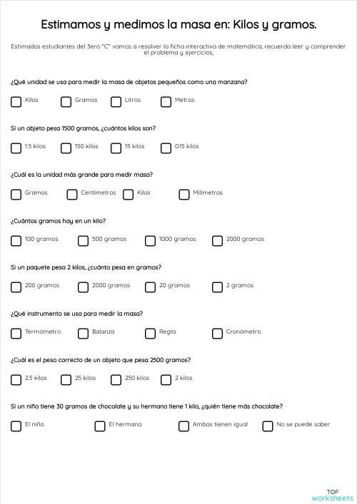 Estimamos y medimos la masa en: Kilos y gramos.. Ficha interactiva ...