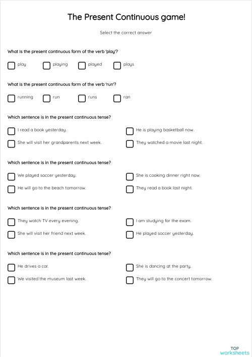 The Present Continuous game!. Interactive worksheet | TopWorksheets