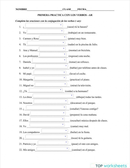 Práctica con los verbos -AR. Ficha interactiva | TopWorksheets