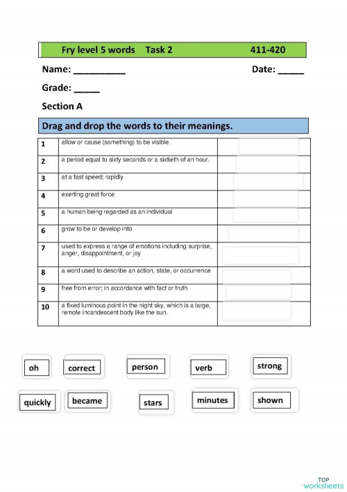 Fry level 5 task 2 words 411-420. Interactive worksheet | TopWorksheets