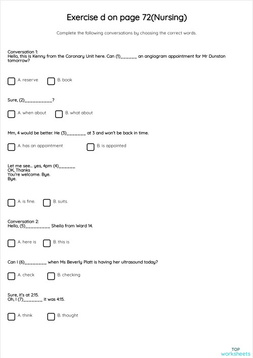 Exercise d on page 72(Nursing). Interactive worksheet | TopWorksheets