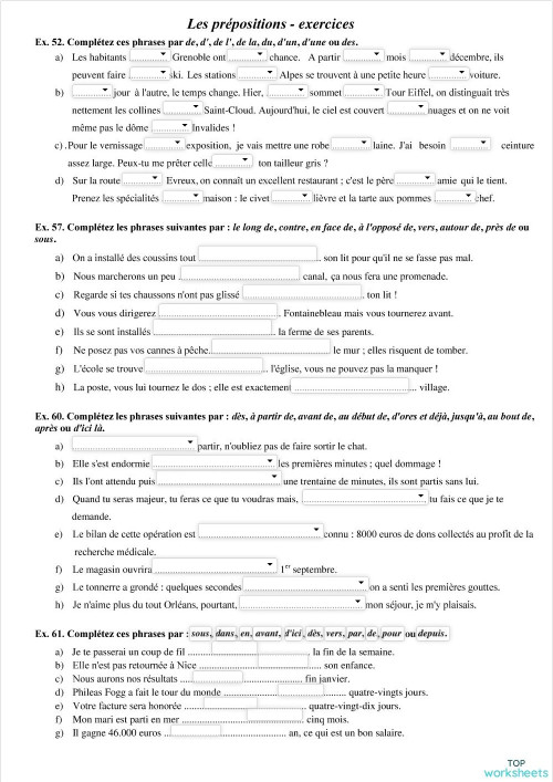Prépositions - exercices. Fiche interactive | TopWorksheets