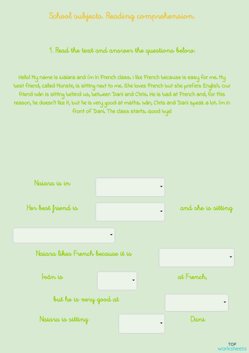 School subjects. Reading comprehension. Interactive worksheet ...