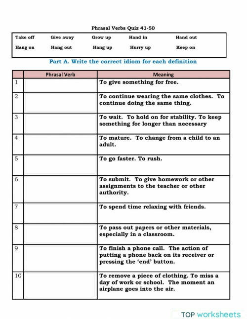 Phrasal Verbs Quiz 41-50. Interactive worksheet | TopWorksheets