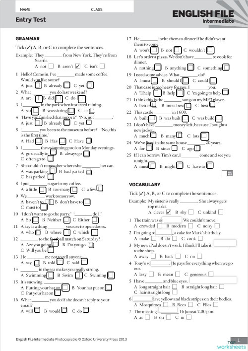 intermediate entry test. Interactive worksheet | TopWorksheets