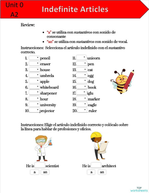 Indefinite Articles Unit 0 Level A2. Interactive worksheet | TopWorksheets