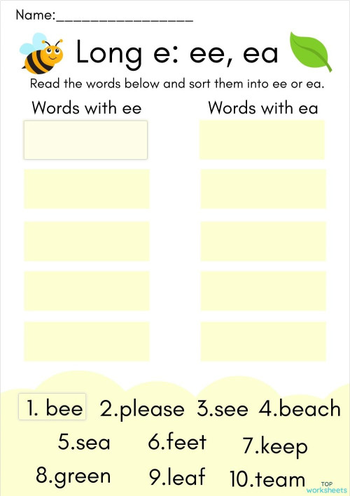 Long e: ee, ea. Interactive worksheet | TopWorksheets