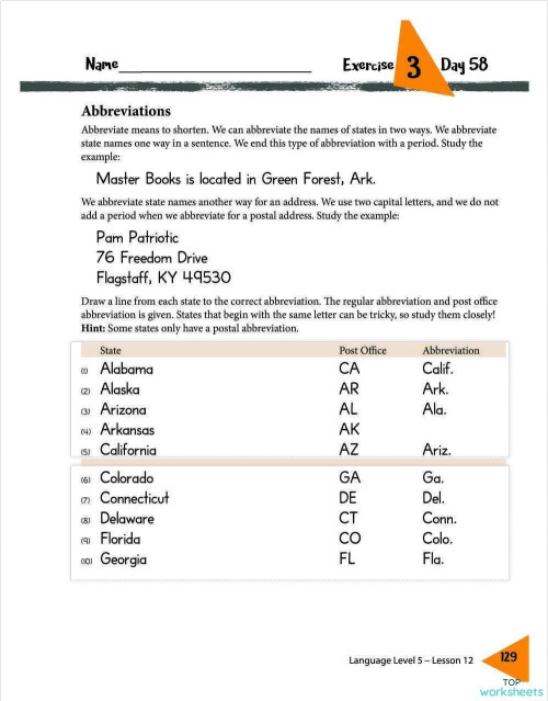 Lesson 12: Abbreviations Pg 129-131 Ex 3. Interactive worksheet ...