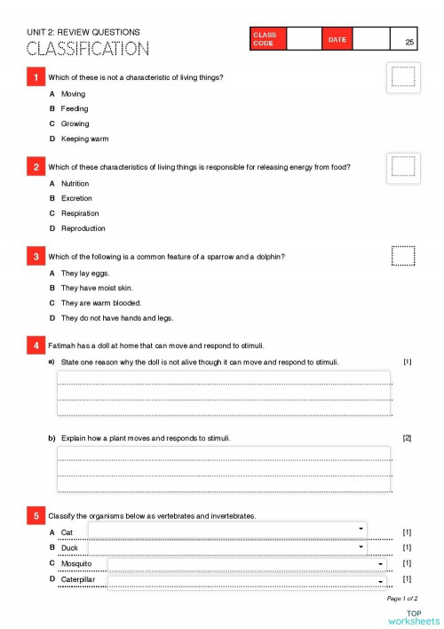 UNIT 2 CLASSIFICATION. Interactive worksheet | TopWorksheets