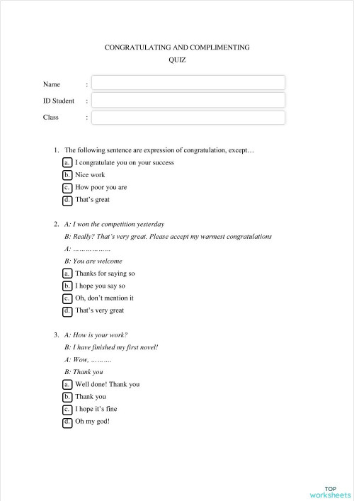 Congratulating and Complimenting Quiz. Interactive worksheet ...