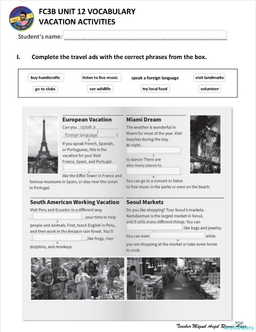 FC3B UNIT 12 VOCABULARY - VACATION ACTIVITIES. Interactive worksheet ...