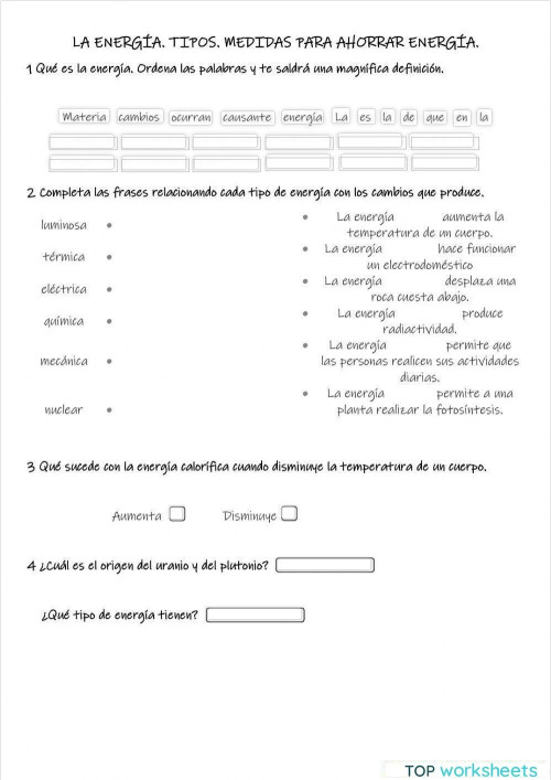 La energía y sus tipos. Ficha interactiva | TopWorksheets