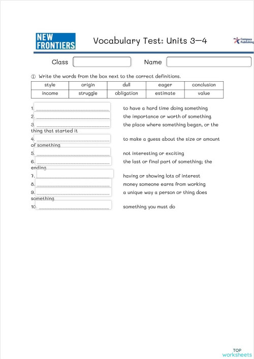 vocab test unit 3-4 ใบงานเชิงโต้ตอบ | TopWorksheets