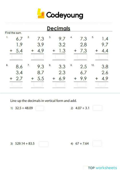 Addition And Subtraction Of Decimals Advanced Interactive Worksheet