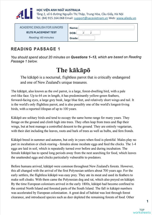 IELTS PLACEMENT TEST 01_READING. Interactive worksheet | TopWorksheets