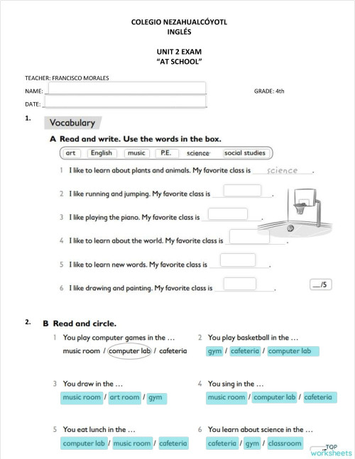 4th Grade Unit 2 Exam. Ficha interactiva | TopWorksheets
