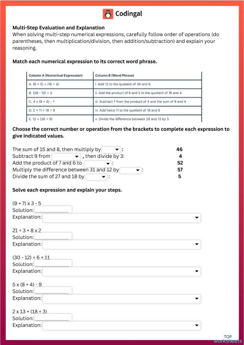 M_G05M12L31_WE02_Writing_and_Interpreting_Expressions_6. Interactive worksheet | TopWorksheets