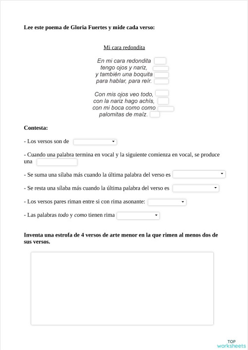 La medida de los versos. Ficha interactiva | TopWorksheets