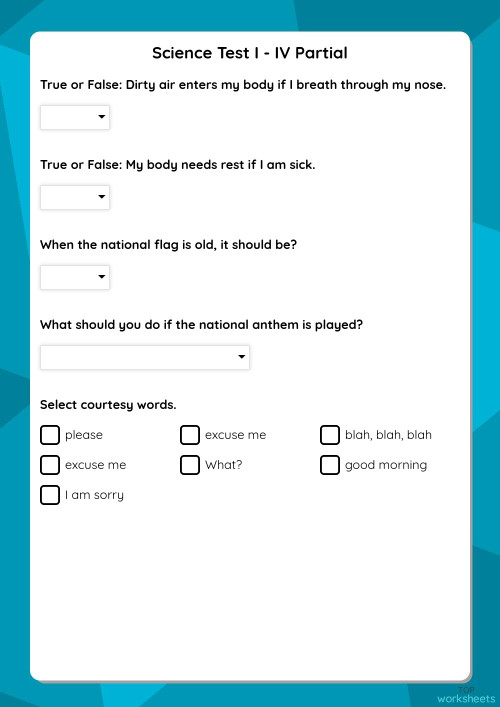 Science Test I - IV Partial. Interactive worksheet | TopWorksheets