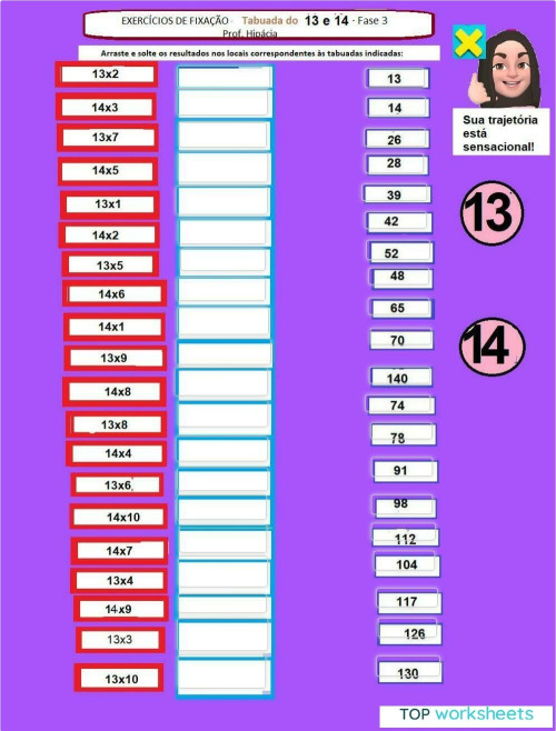Tabuada do 13 e 14. Ficha interativa | TopWorksheets