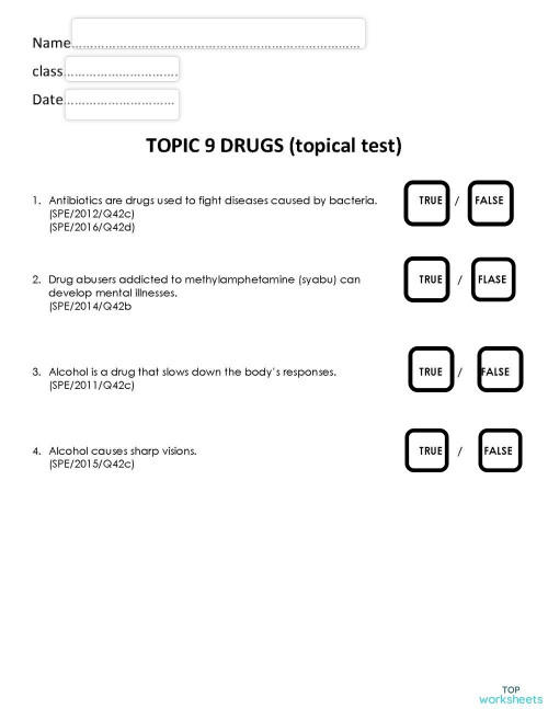 Topical test: DRUGS. Interactive worksheet | TopWorksheets