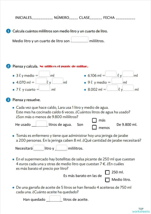 Unidades de Capacidad. Ficha interactiva | TopWorksheets