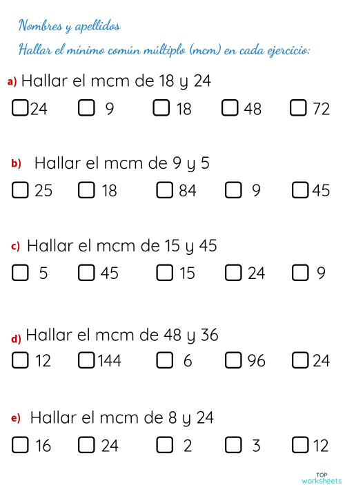 MCM y MCD operaciones. Ficha interactiva | TopWorksheets