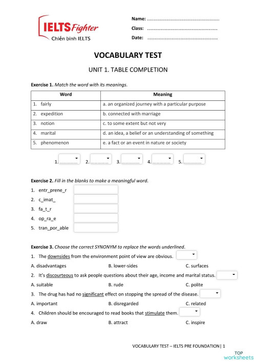 PREF_VOCAB TEST 1. Interactive worksheet | TopWorksheets