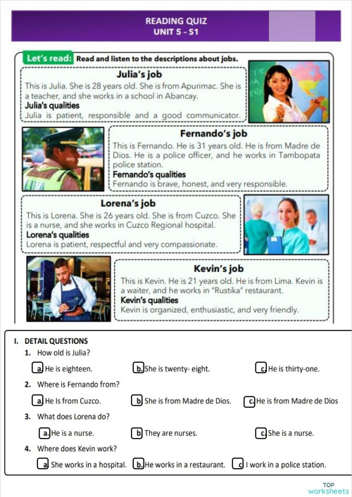 READING QUIZ UNIT 5 SESSION 1- A1. Interactive worksheet | TopWorksheets