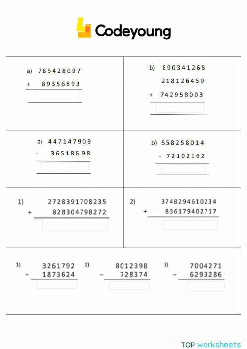 Addition and Subtraction of 10-Digit Numbers Concept CW. Interactive ...