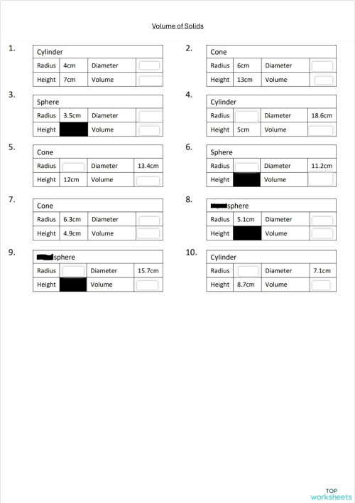 Volume of Solids. Interactive worksheet | TopWorksheets