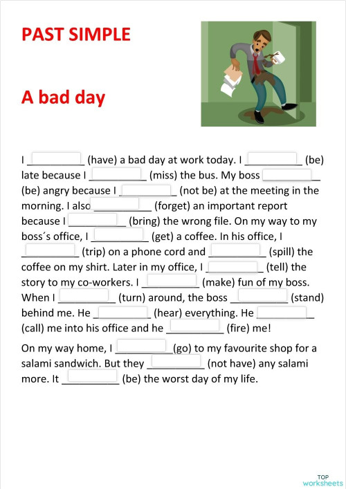 A bad day - past simple story. Interactive worksheet | TopWorksheets