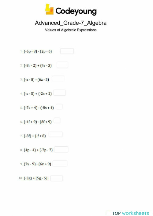 Values of Algebraic Expressions Advanced. Interactive worksheet ...