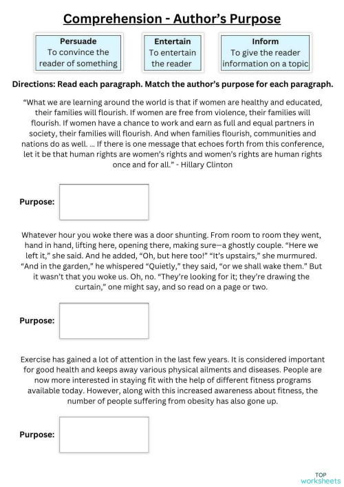 Comprehension - Author’s Purpose 1. Interactive worksheet | TopWorksheets