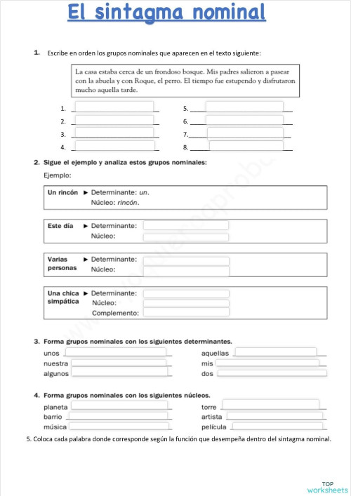 El sintagma nominal. Ficha interactiva | TopWorksheets