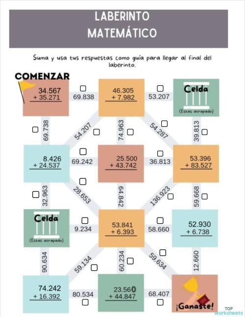 Laberinto matemàtico 01. Ficha interactiva | TopWorksheets