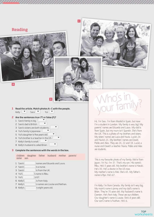 Reading: family (A1). Interactive worksheet | TopWorksheets