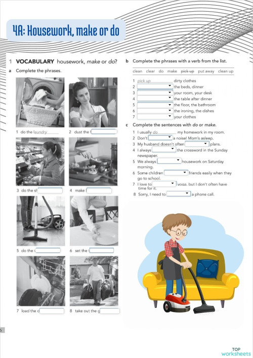 4A: HOUSEWORK, MAKE OR DO. Interactive worksheet | TopWorksheets