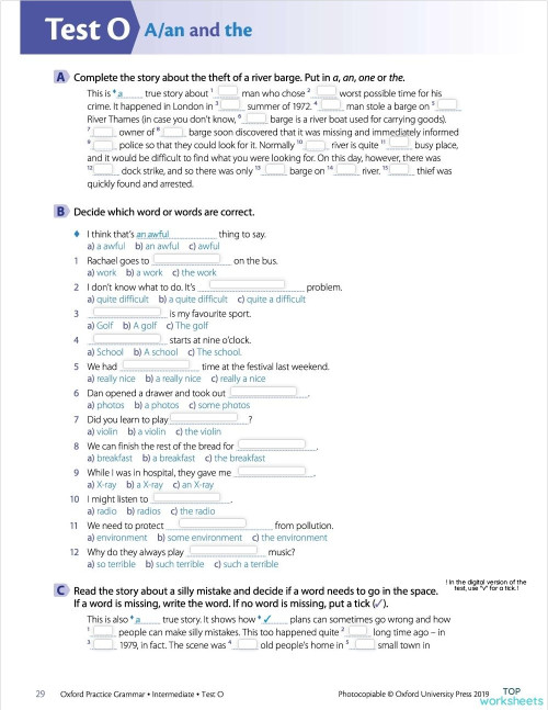 Oxford tests, Test O - a/an, the. Interactive worksheet | TopWorksheets