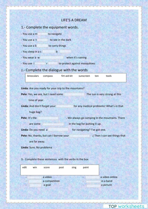 Adventure equipment. Interactive worksheet | TopWorksheets