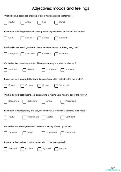 Adjectives: moods and feelings. Interactive worksheet | TopWorksheets
