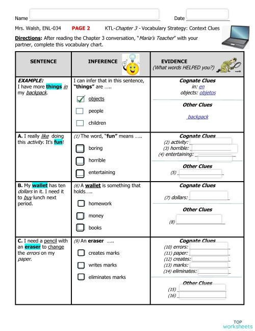 Page 2-Vocabulary Inference Chart. Interactive worksheet | TopWorksheets