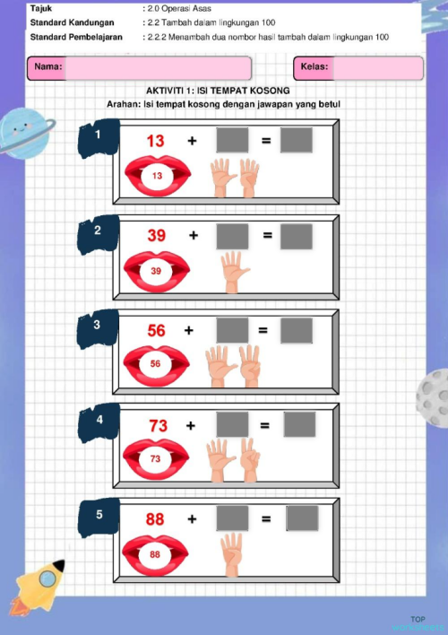 Hasil Tambah Dua Nombor dalam Lingkungan 100. Interactive worksheet ...