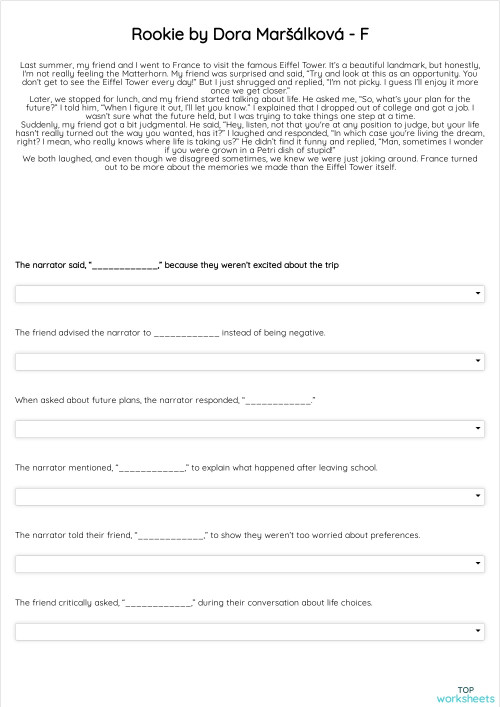 Rookie by Dora Maršálková - F. Interactive worksheet | TopWorksheets