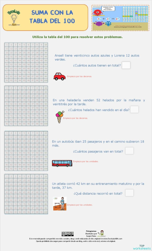 Suma con la tabla del 100. Ficha interactiva | TopWorksheets