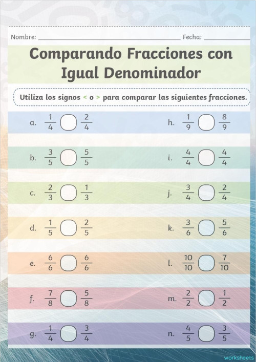 Comparando fracciones fracciones=denominador. Ficha interactiva ...