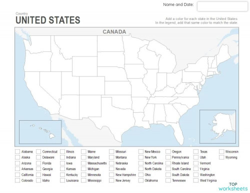 United States: color and label. Interactive worksheet | TopWorksheets
