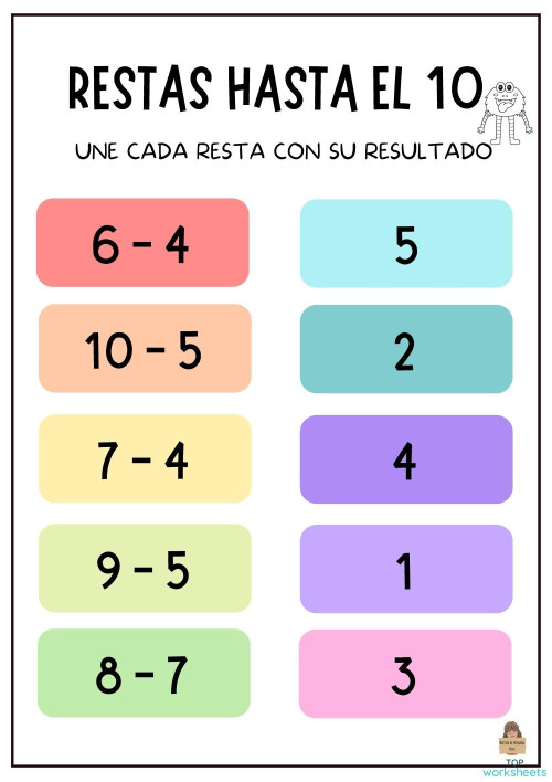 Encuentra la pareja. Restas hasta el 10. Ficha interactiva | TopWorksheets