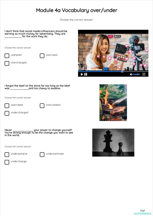 Module 4a Vocabulary over/under. Interactive worksheet | TopWorksheets