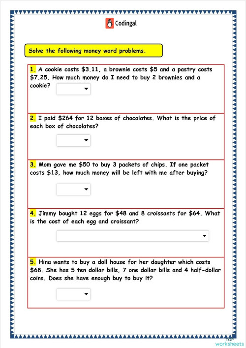 M_G02M16L69_WE02_Word problems on currency. Interactive worksheet ...